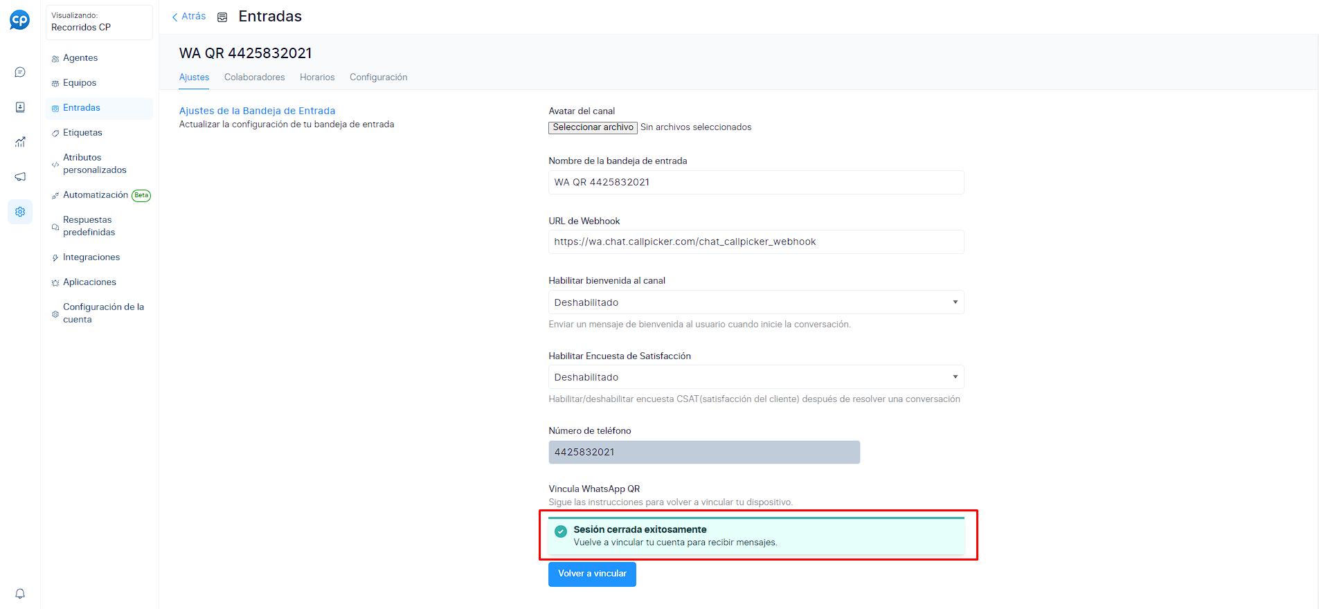 Reconexión de sesión WhatsApp en mi cuenta Callpicker Chat con modalidad WhatsApp QR. – Home